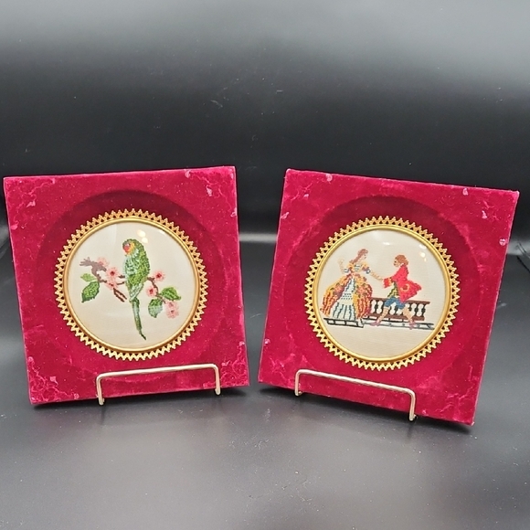 Accents | Vintage Elegant Red Velvet Framed Art Set Needlepoint Petit ...